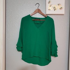 Zara | Tops | Zara Green Bell Sleeve Shirt 34 Sleeve Medium | Poshmark